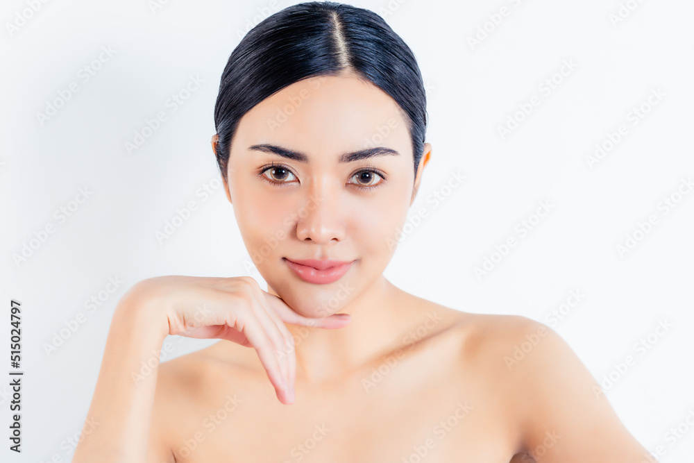 Beauty asian woman touching soft chin skin close up face beauty Healthy ...