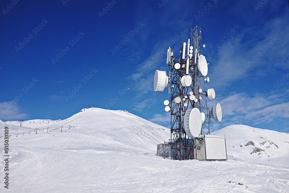 Radio aerial antenna mast with a lot of satellite dishes, parabolic reflector or dish antennas ...