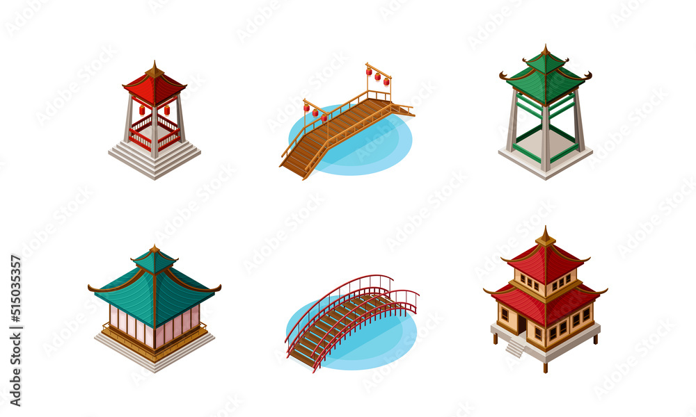 Traditional asian architecture objects set. Chinese and Japan buildings ...