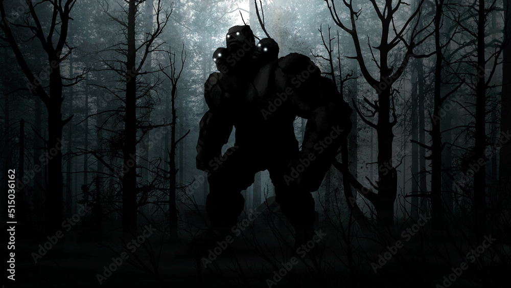 A dark, mysterious landscape with a stone giant among dry, dead trees ...