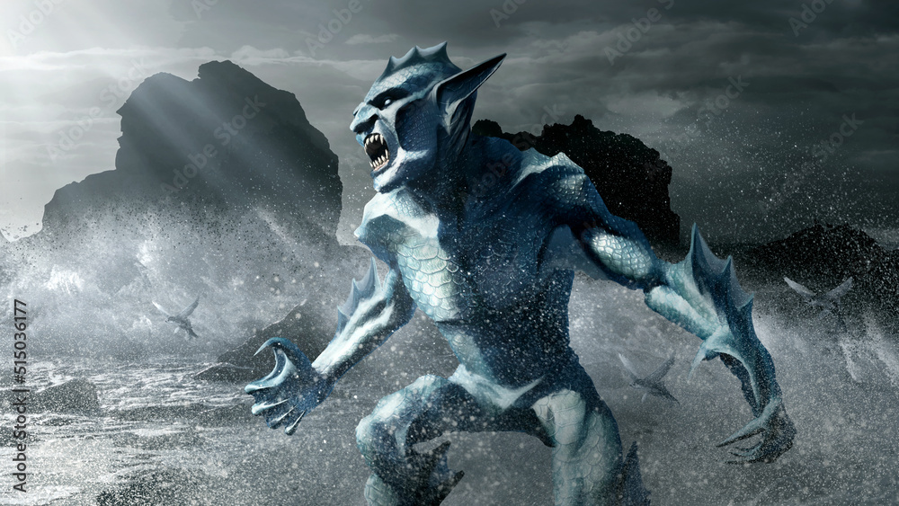 A sea goblin close up with sharp claws and fangs, with fins and scales ...