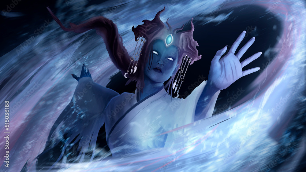 Fantasy character, a mysterious girl with blue skin close-up in a white ...