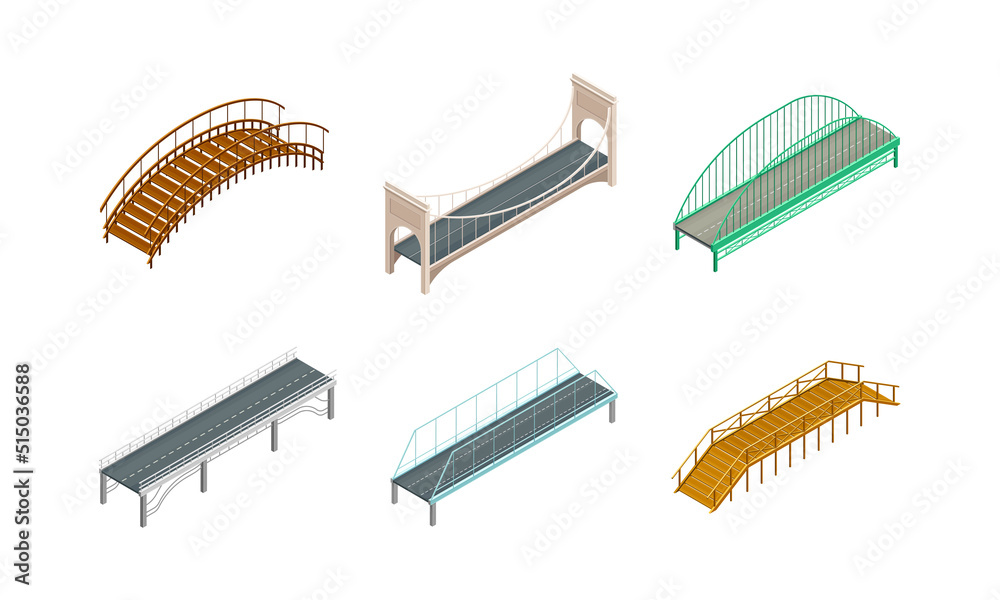 Set of bridges. Wooden, concrete, metal, hanging pedestrian and road ...