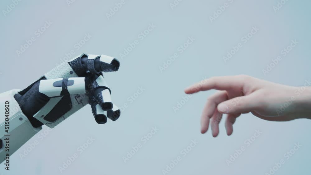 Footage of robot hand touching human hand on white background. Fingers ...