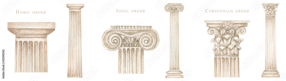 Watercolor antique column corinthian ionic doric order, Ancient Classic Greek pillar set, Roman ...
