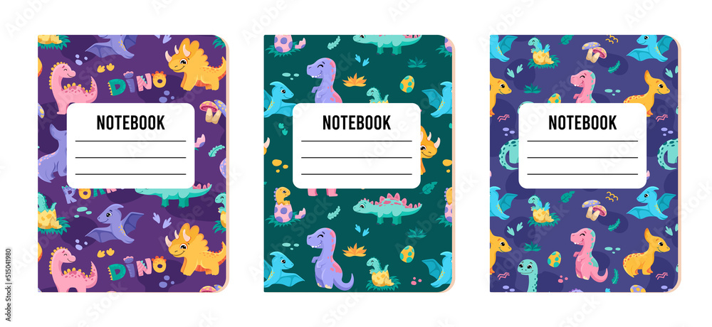 Set of cover page templates with seamless patterns with cute dinosaurs ...