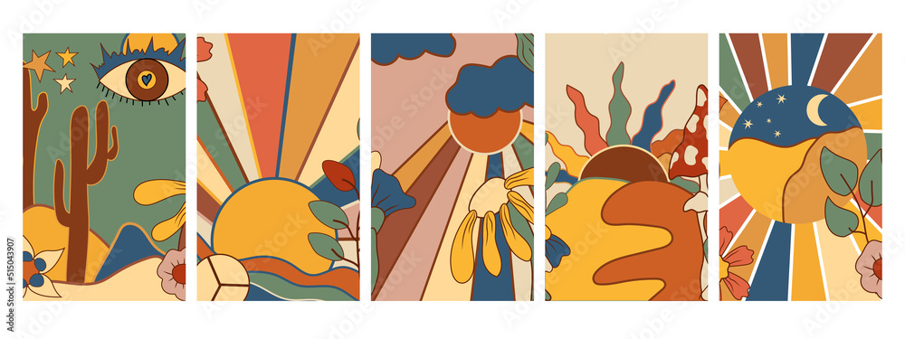 Groovy retro posters, Retro sunset background, eye, mushrooms, retro ...