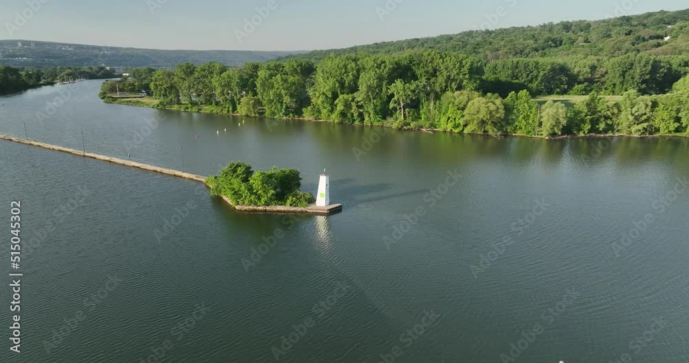 Ithaca NY USA June 26, 2022: Early morning drone aerial flight over the ...
