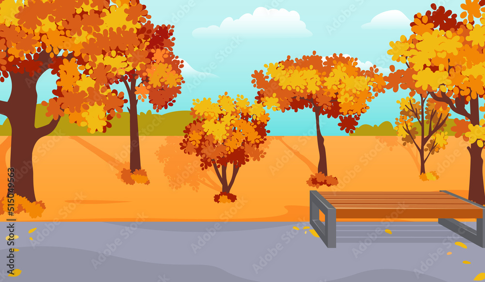 Cartoon autumn landscape in the park with a bench. Colorful vector ...