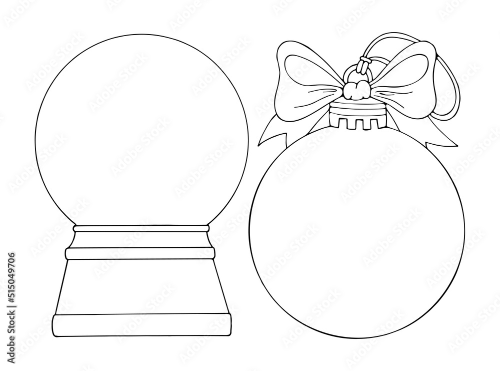 Coloring book empty snow globe line art. Christmas ball with ribbon bow ...