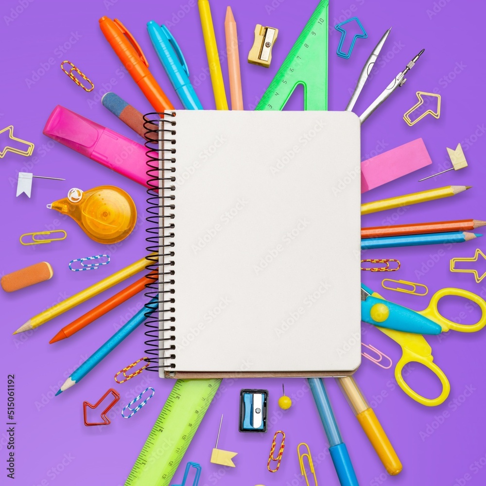 School stationery on background. Colorful math fractions, rulers, open ...