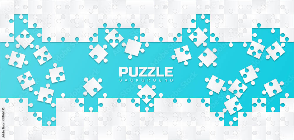 Puzzle stylish background. Unusual figures from white pieces, riddles ...