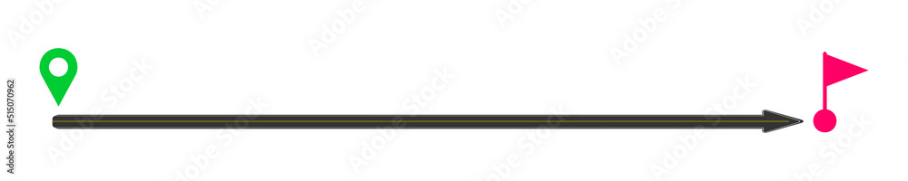 Straight road with markup from start map pin to finish flag sign. Easy ...