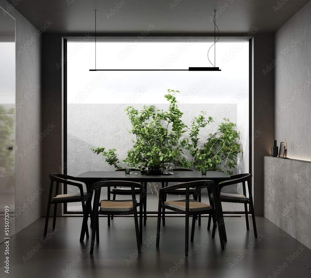 Dark dining room interior background with big window, 3d render Stock ...