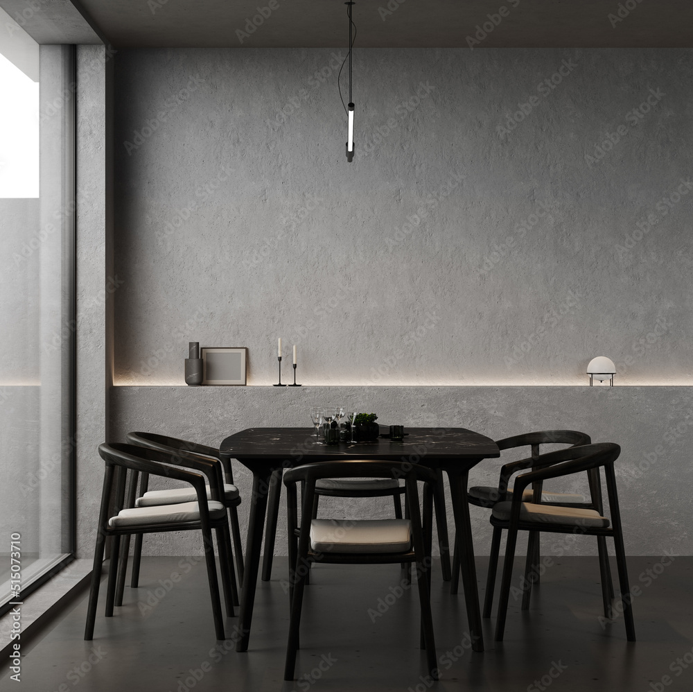 Modern kitchen interior with dining area and window, 3d rendering Stock ...