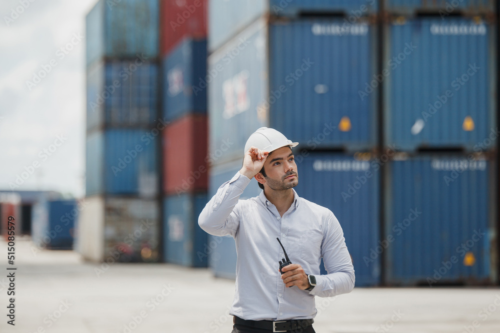 foreman controls the loading of containers from the cargo ship. man ...