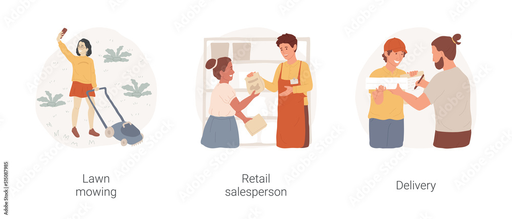 Student jobs isolated cartoon vector illustration set. Lawn mowing ...
