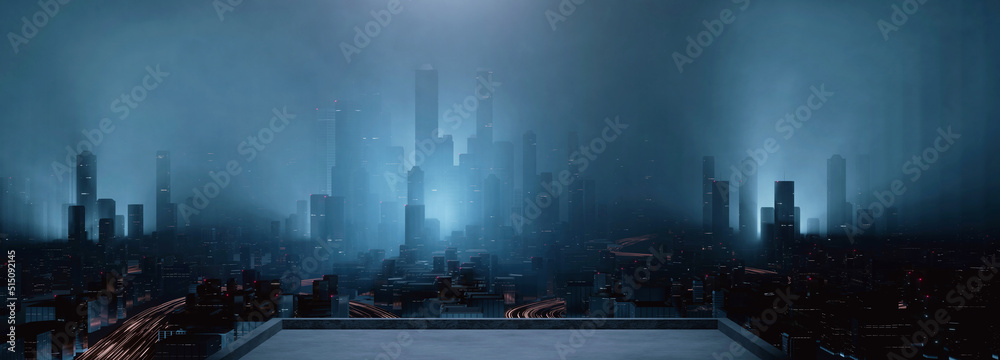 3D Rendering of building deck rooftop in mega cyberpunk style city ...