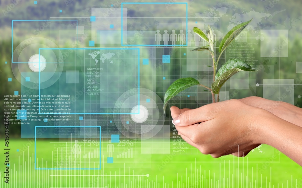 Hand holding green plant with icons energy sources for renewable ...