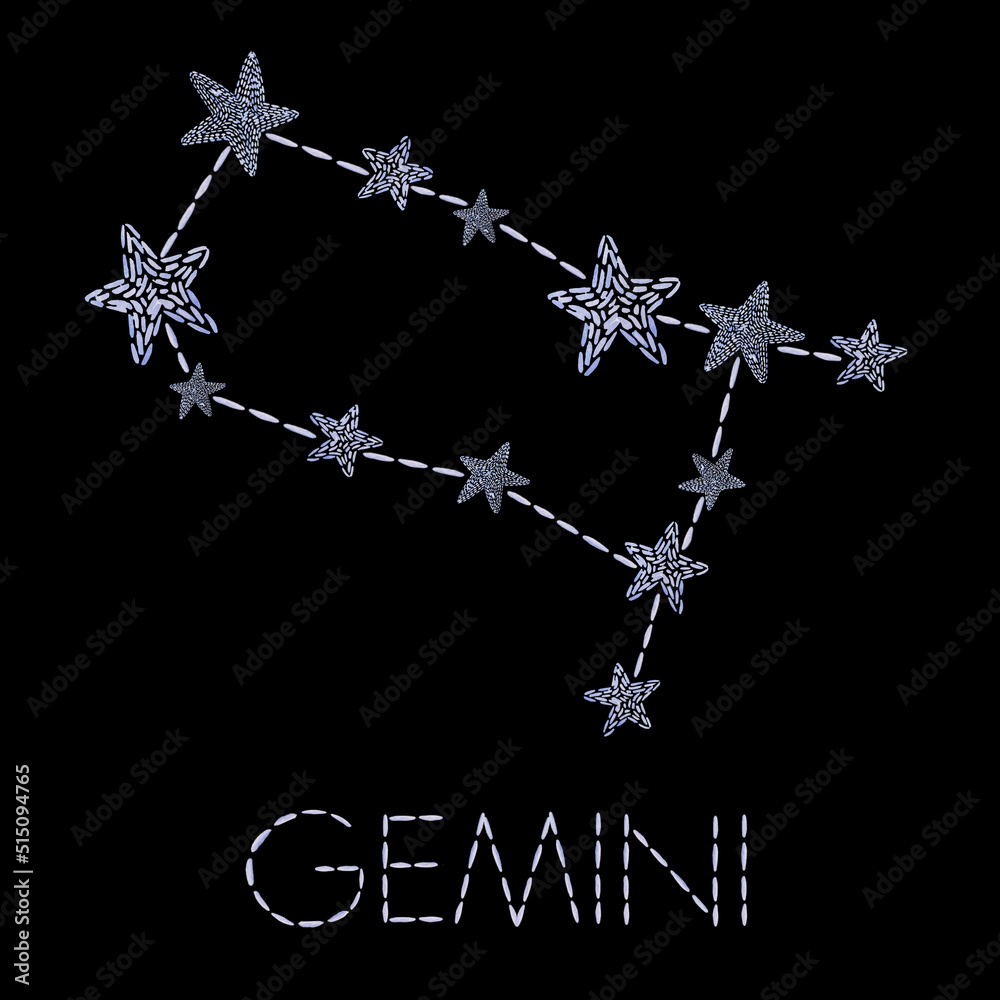 Watercolor Gemini zodiac icon with line and stars and lettering ...