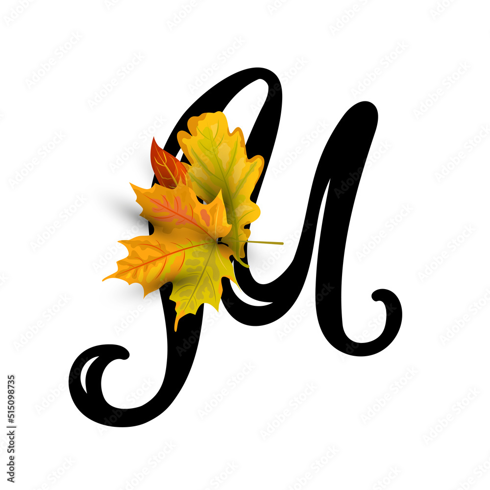 Hand drawn letter M with autumn leaves isolated on white background ...