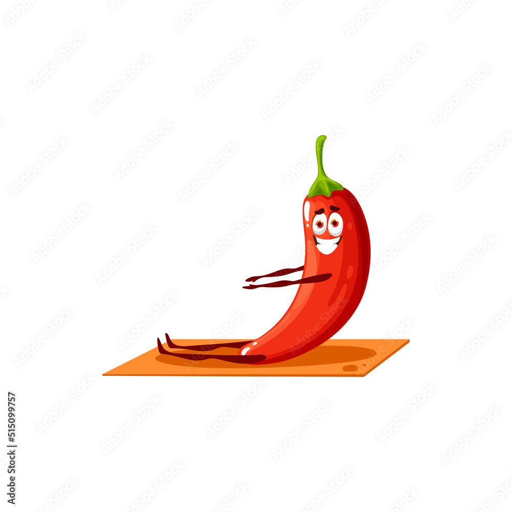Cartoon chilli pepper stretching on mat isolated funny kids character ...