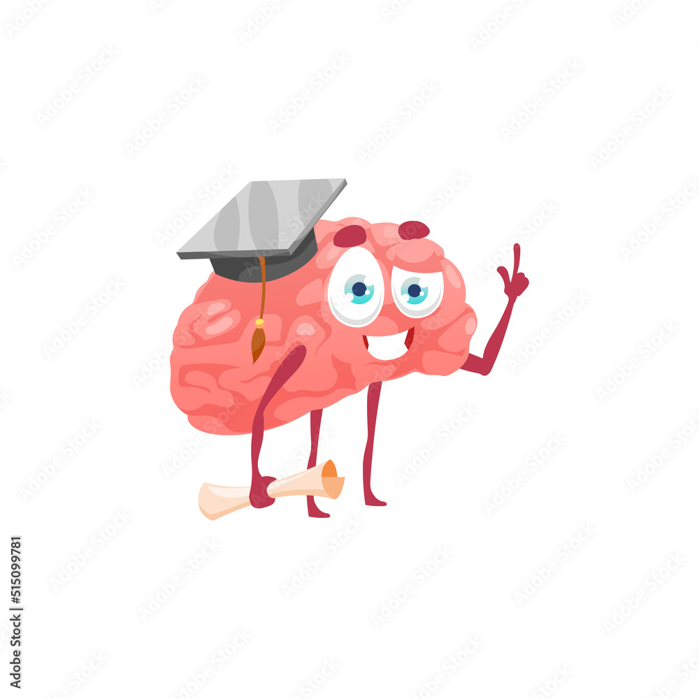 Brain in mortarboard hat and diploma or certificate in hands graduating ...