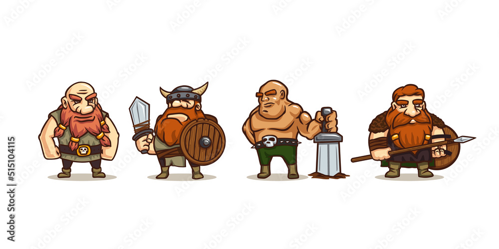 Viking cartoon characters, ancient scandinavian warriors with ginger beard, sword, spear and ...