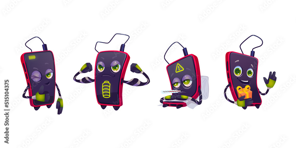 Cartoon mobile phone character set. Cute smartphone in different poses ...