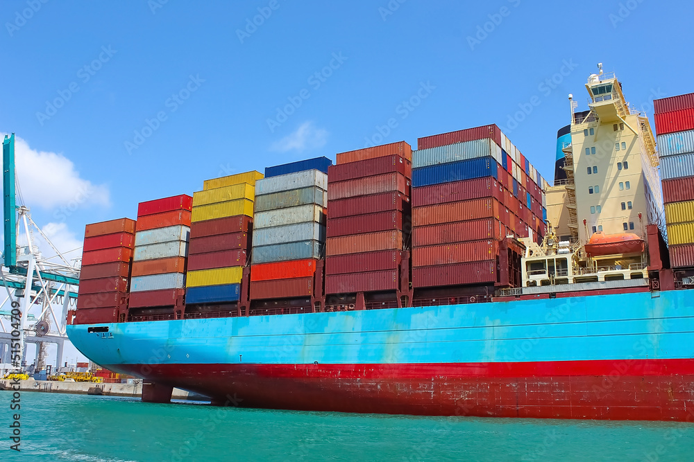 Container ship at Port Miami, one of the largest cargo ports in the US ...