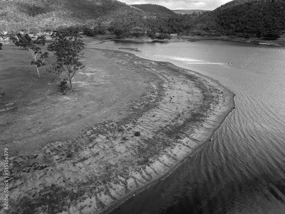 Eungella Dam Queensland Australia with low water levels showing texture ...