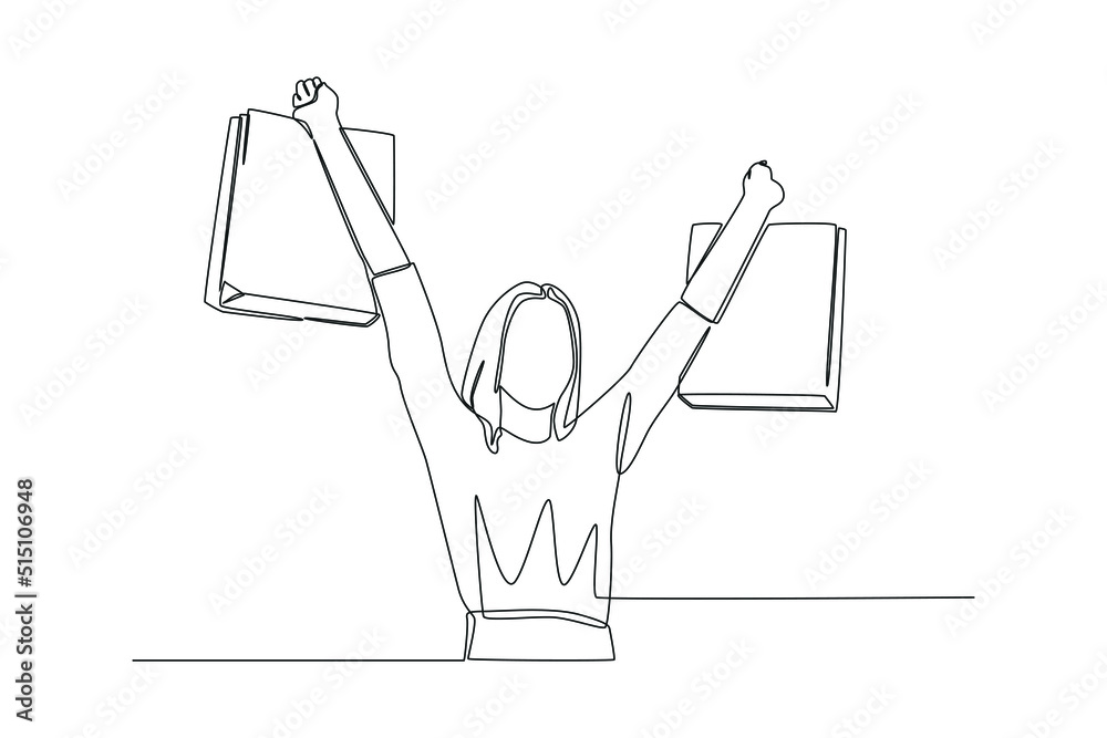 One continuous line drawing of happy satisfied woman rising hands with ...