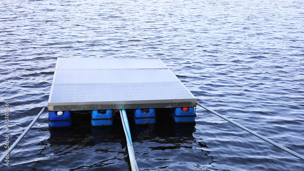 Floating solar panels. Close-up of a group of photovoltaic panels ...