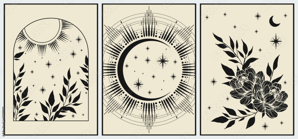 Set of esoteric alchemy mystical magic posters. Crescent, sun, stars ...