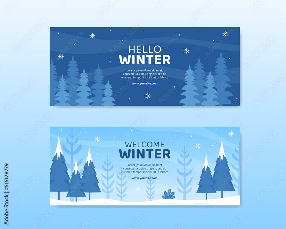 Hello Winter Social Media Horizontal Banner Template Flat Cartoon ...