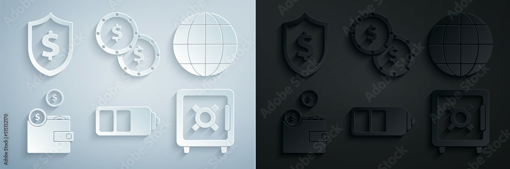 Set Battery charge level indicator, Earth globe, Wallet with coins ...