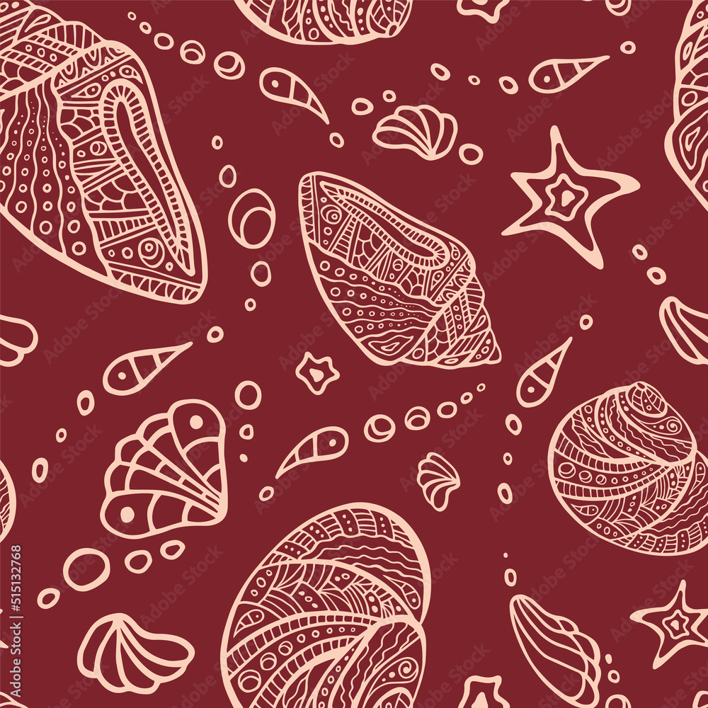 Dark-red Polynesian shell random repeat seamless pattern. Zenart conch ...