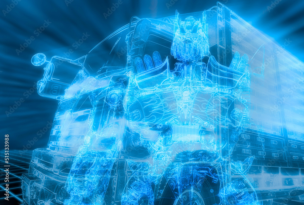 Electric truck with robot from cars parts. Electric vehicle trailer ...