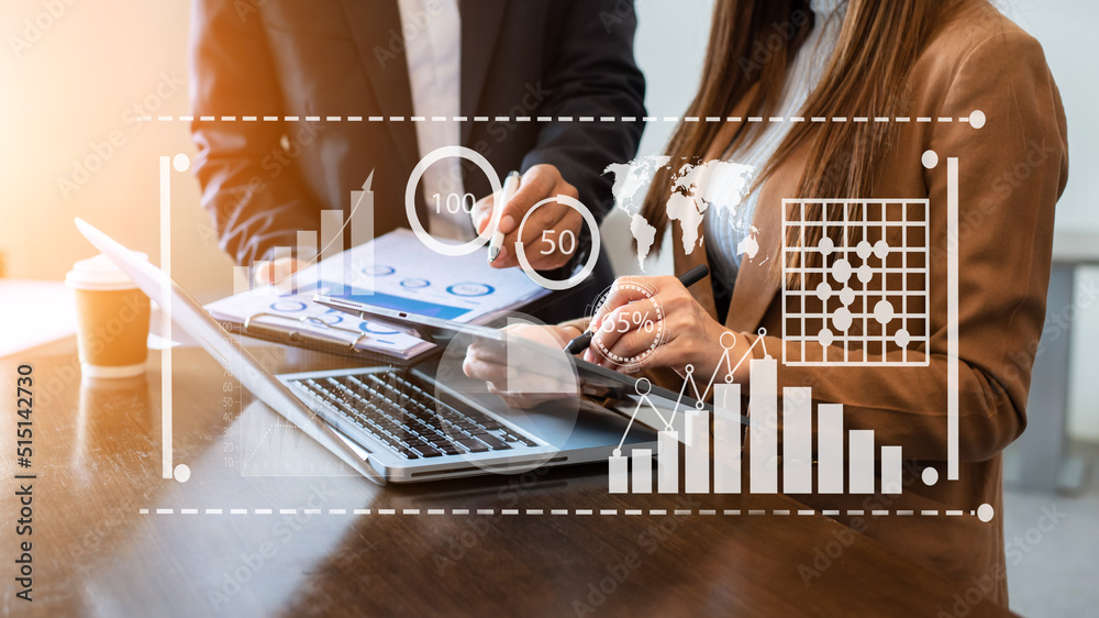 Team colleagues wear formal attire to work together to optimize ...