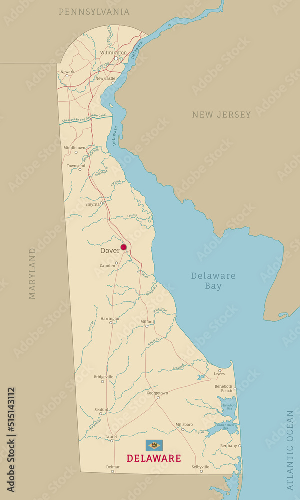 Road map of Delaware, US American federal state. Editable highly ...