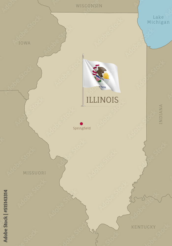 Gray map of Illinois, state of USA with waving flag. Highly detailed ...