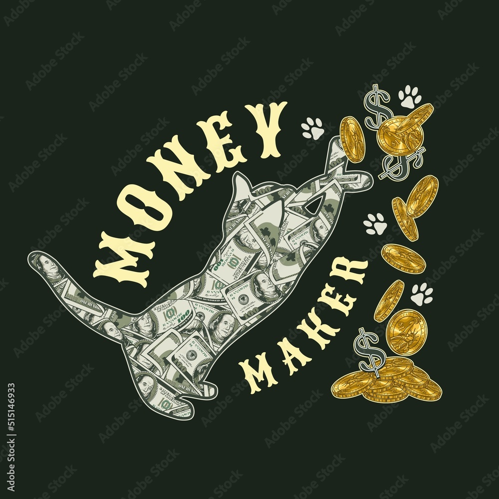 Label with cat playing with gold coins, dollar sign on a dark ...