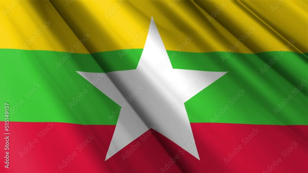 Close up realistic texture textile silk satin flag of Myanmar waving ...