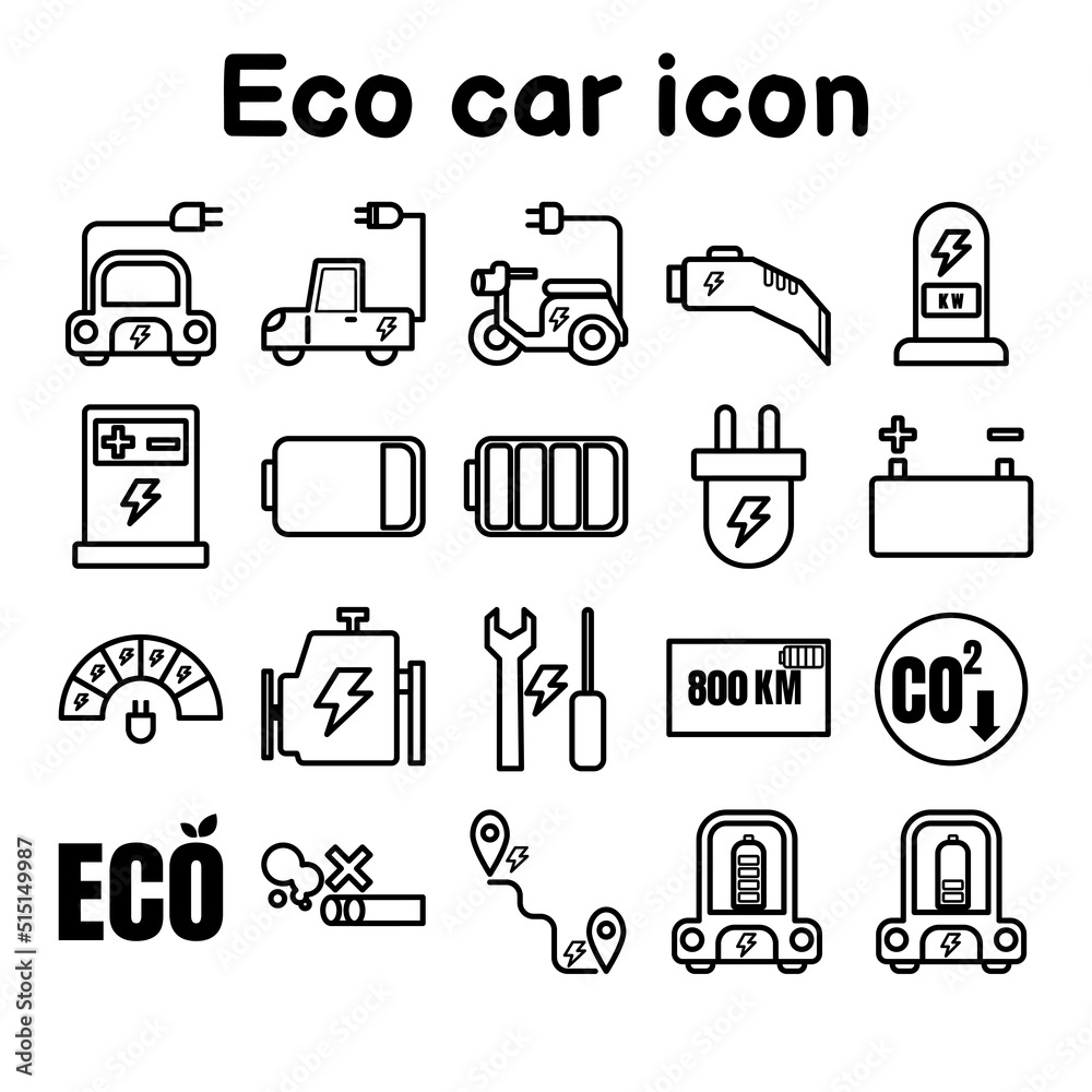 Eco car line icon, clean energy vehicle concept. Engine electricity ...