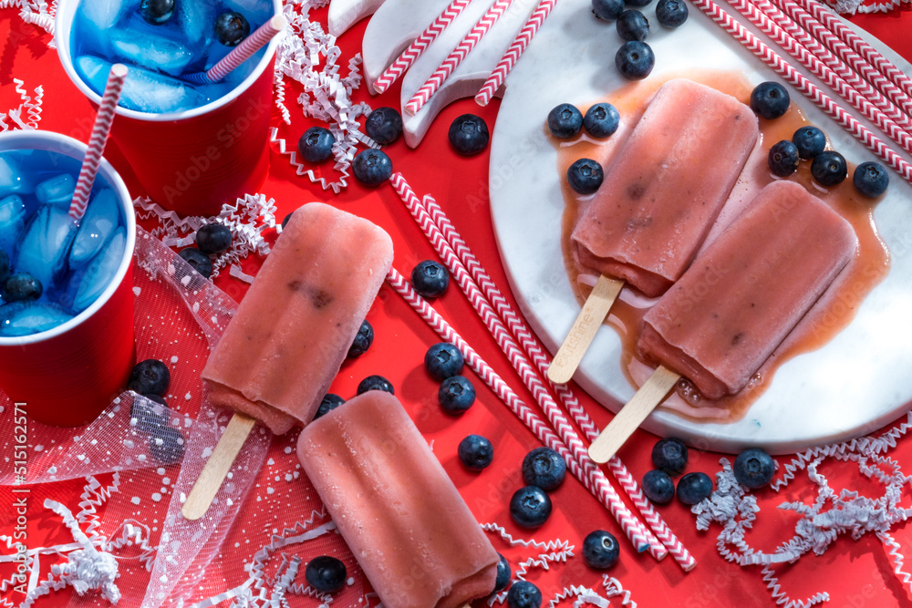 Red White and Blue Picnic Scene with Popsicles and Iced Drinks Stock ...
