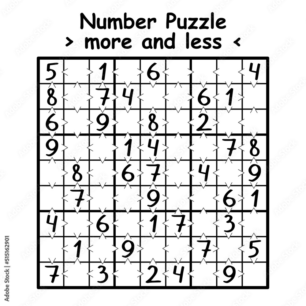 Unusual sudoku puzzle with more and less symbols vector illustration ...