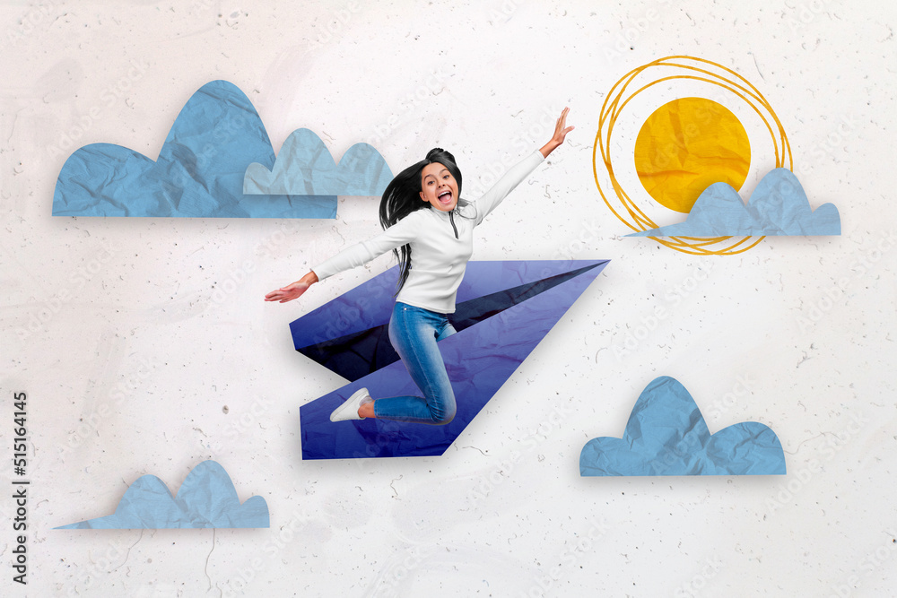 Composite collage picture of happy small girl sit flight paper plane ...