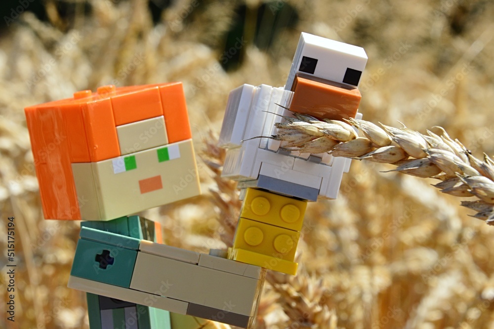 LEGO Minecraft figure of Alex feeding chicken with mature grains of ...