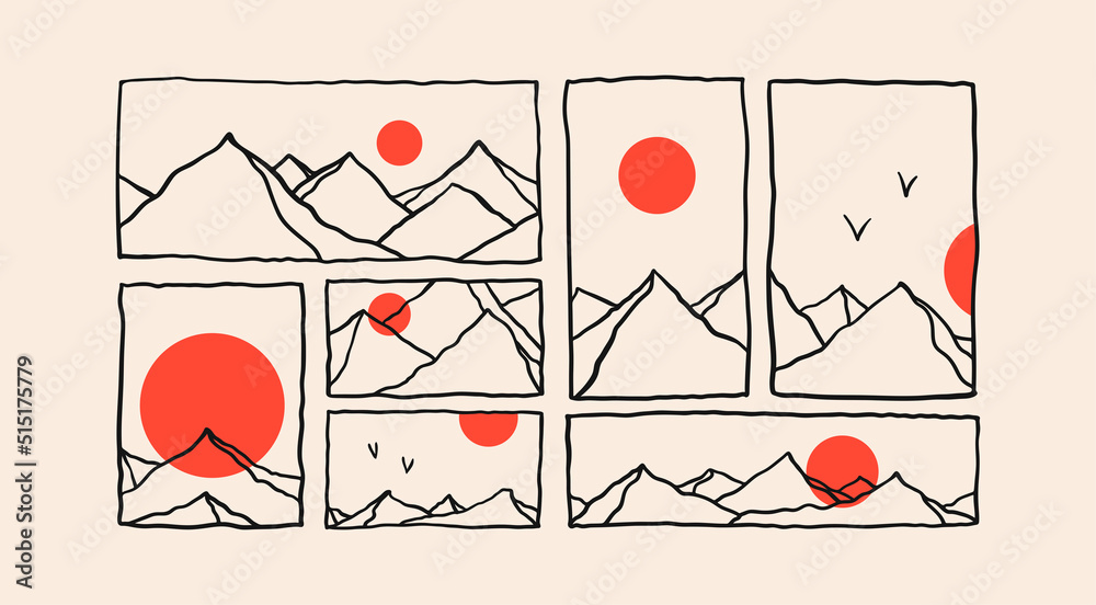 Outline Mountains, red round sun or moon. Various landscapes set ... Outline Mountains, red round sun or moon. Various landscapes set ...