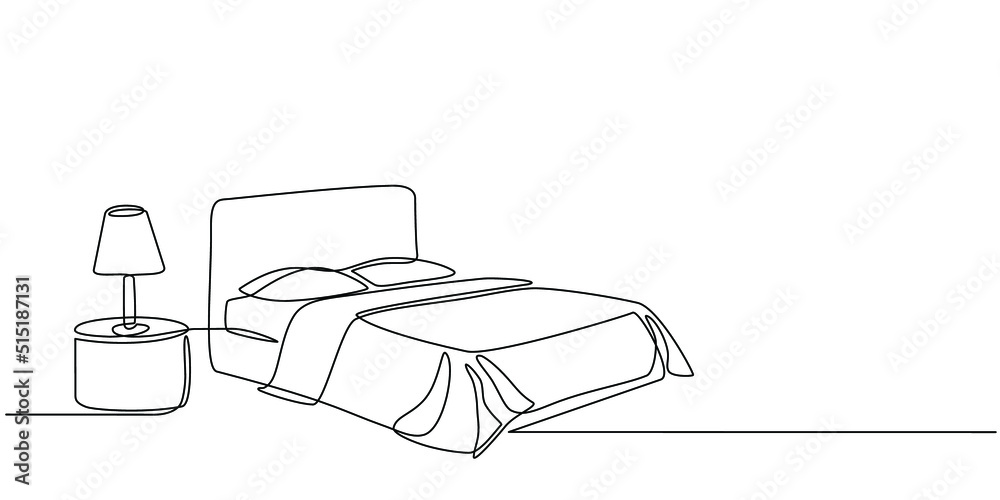 Continuous line drawing of double bed with table and lamp. Modern loft ...
